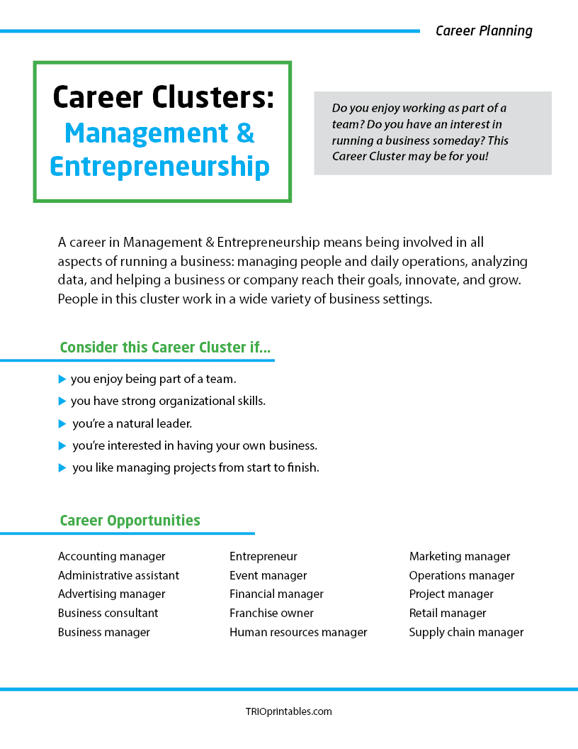 Career Clusters: Management & Entrepreneurship Informational Sheet ...