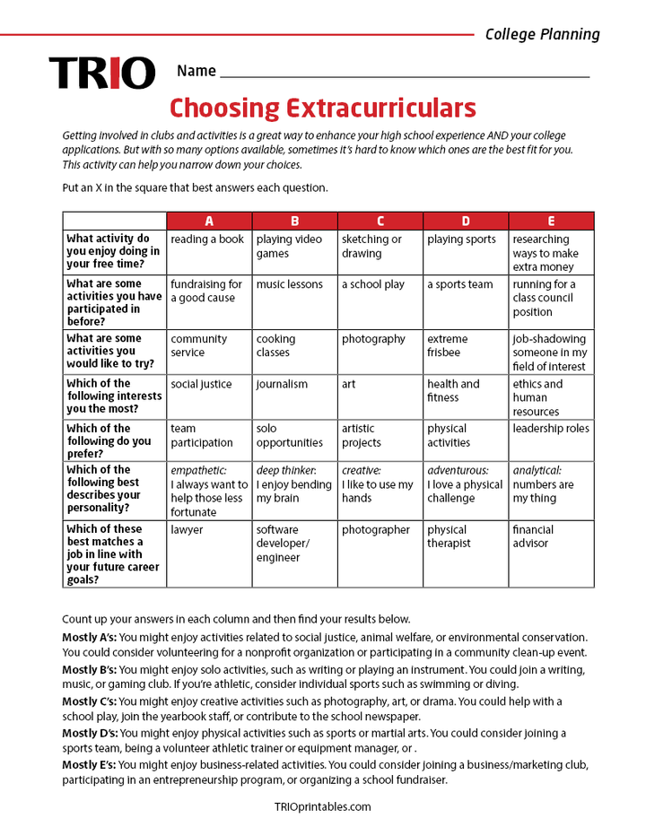 College Planning – TRIO Printables