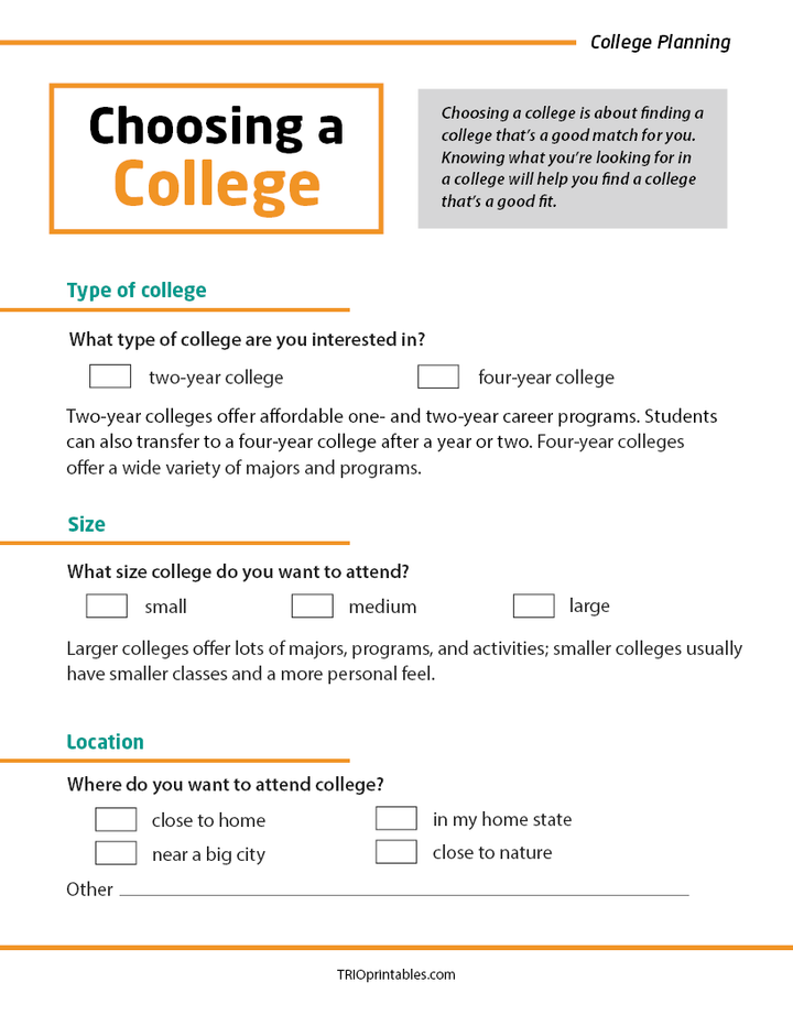 College Planning – TRIO Printables