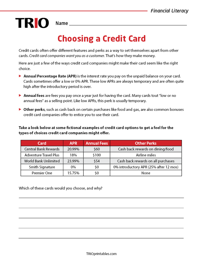 Choosing a Credit Card Activity Sheet – TRIO Printables