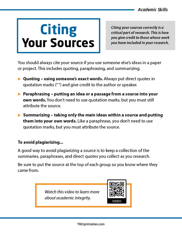 Citing Your Sources Informational Sheet – TRIO Printables