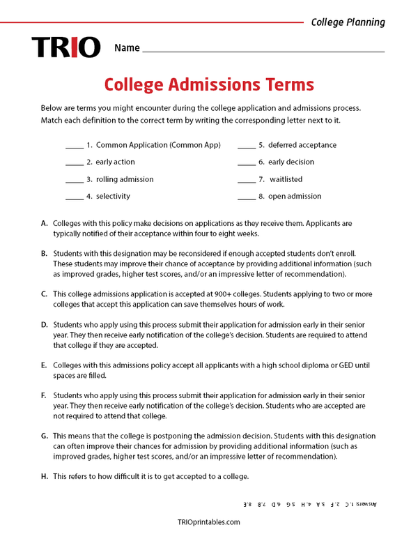 College Admissions Terms Activity Sheet – TRIO Printables