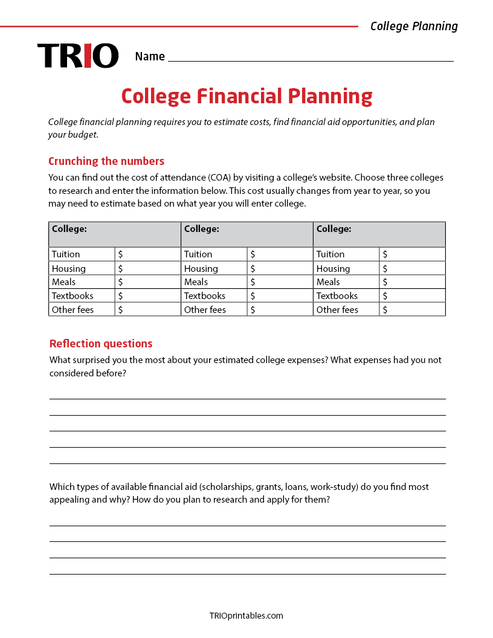 College Financial Planning Activity Sheet – TRIO Printables