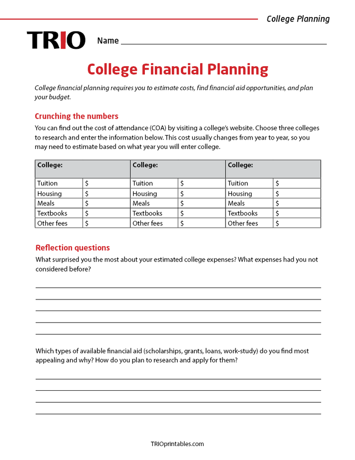 College Financial Planning Activity Sheet – TRIO Printables