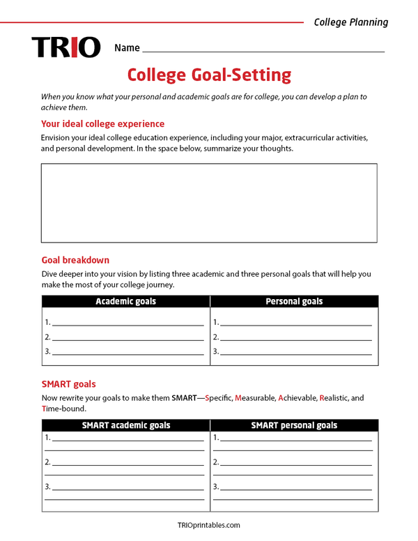 College Goal-Setting Activity Sheet – TRIO Printables