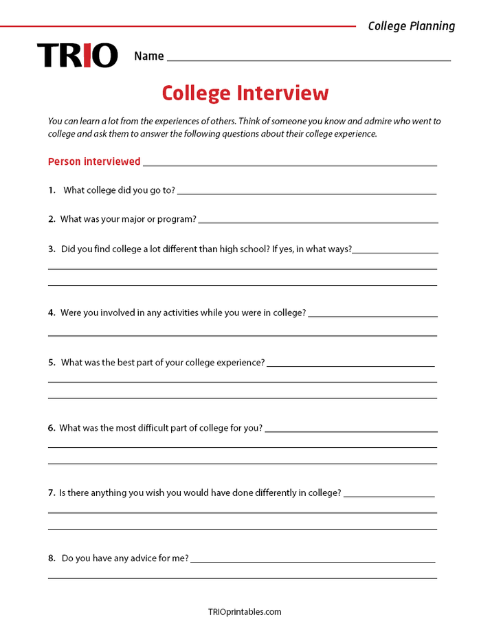 College Interview Activity Sheet – TRIO Printables