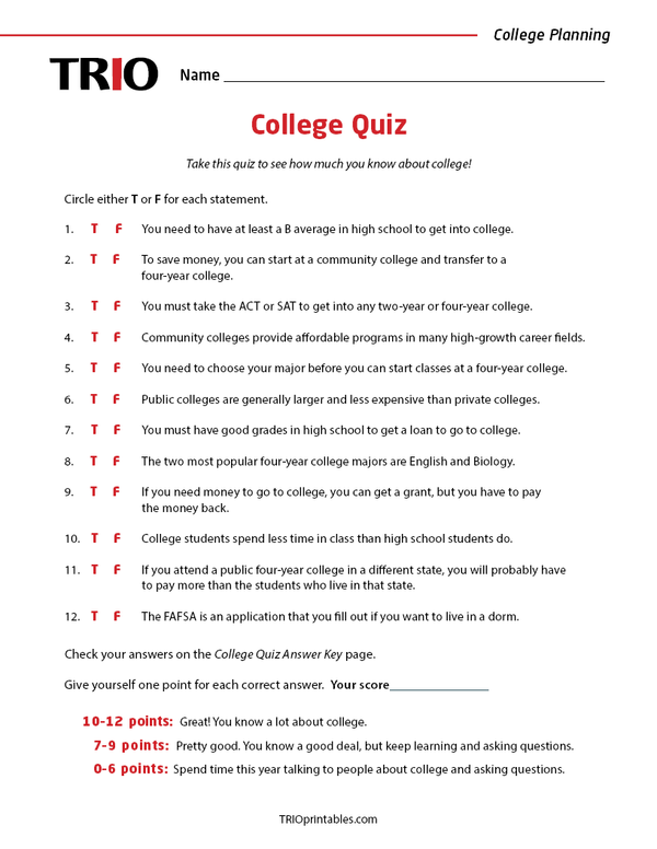 College Quiz Activity Sheet – TRIO Printables