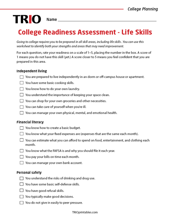 College Readiness Assessment - Life Skills Activity Sheet – TRIO Printables