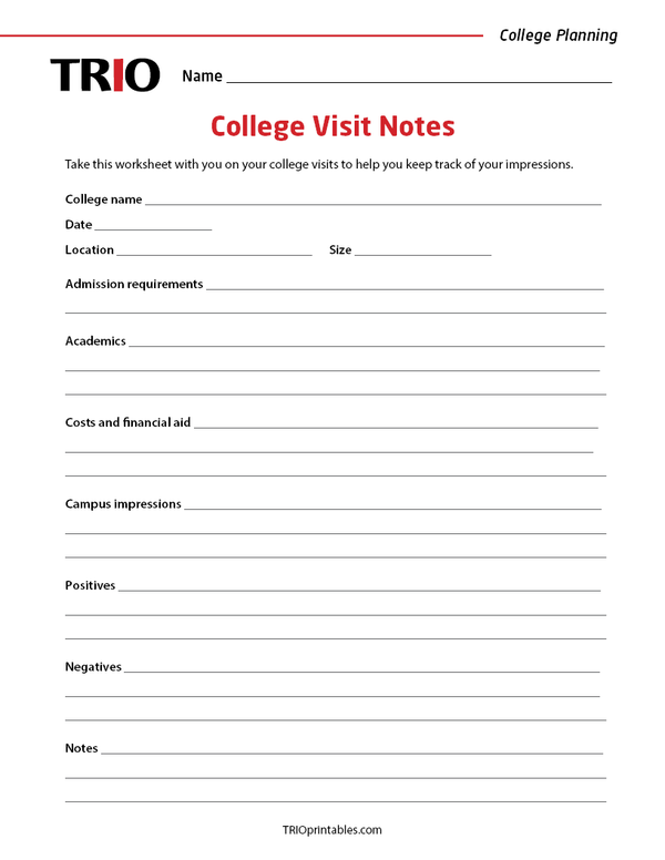 College Visit Notes Activity Sheet – TRIO Printables