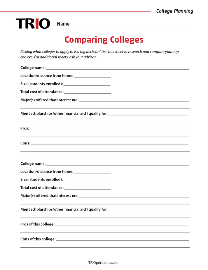 Comparing Colleges Activity Sheet – TRIO Printables