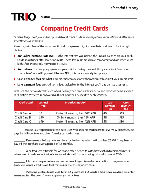 Comparing Credit Cards Activity Sheet – TRIO Printables