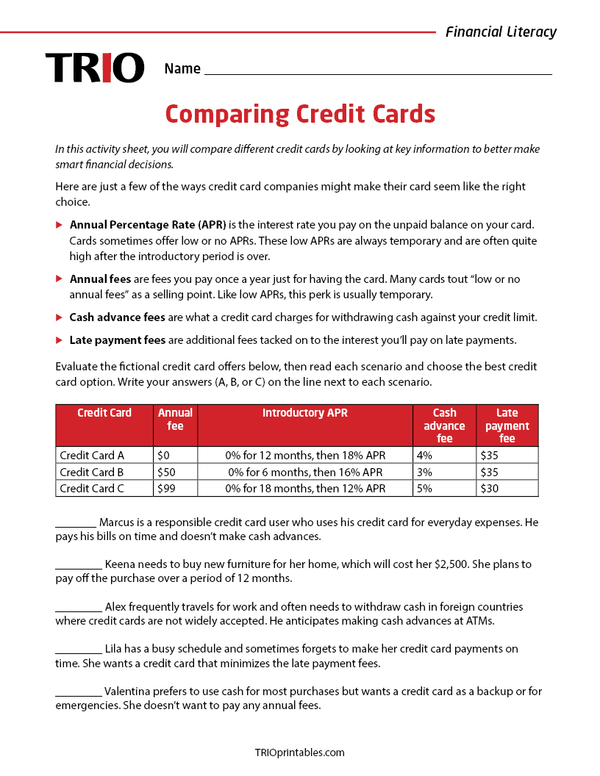Comparing Credit Cards Activity Sheet – TRIO Printables