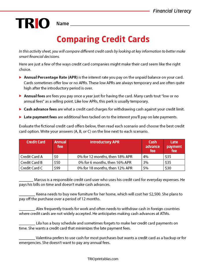 Comparing Credit Cards Activity Sheet – TRIO Printables