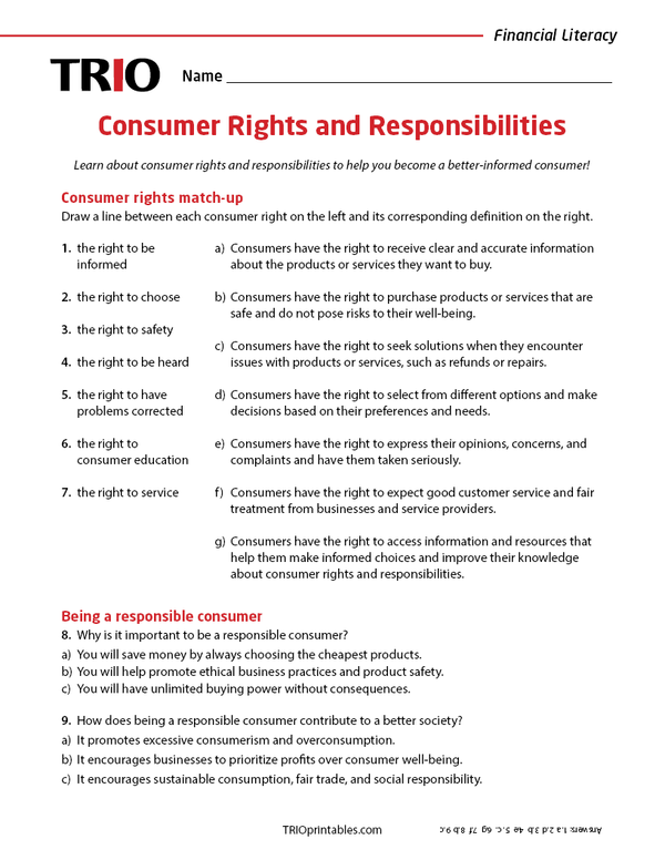 Consumer Rights and Responsibilities Activity Sheet – TRIO Printables