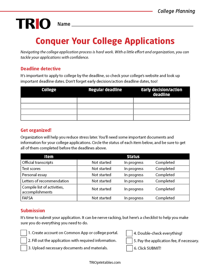 Conquer Your College Applications Activity Sheet – TRIO Printables