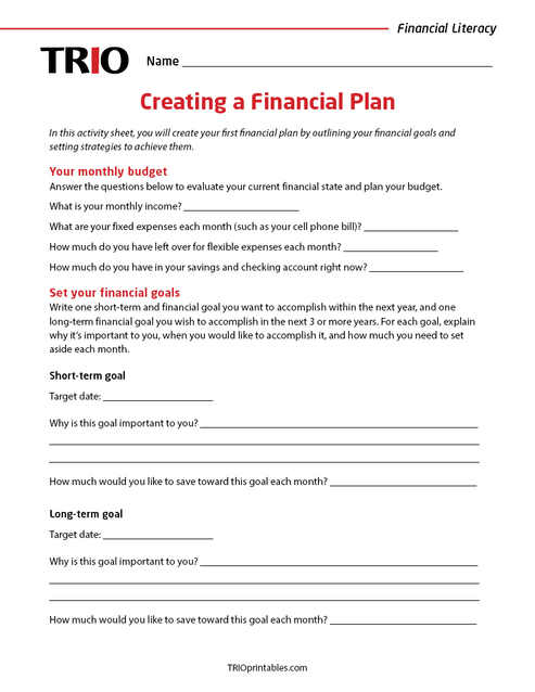 Creating a Financial Plan Activity Sheet – TRIO Printables