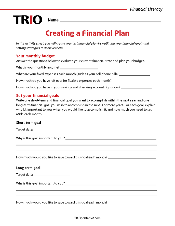 Creating a Financial Plan Activity Sheet – TRIO Printables