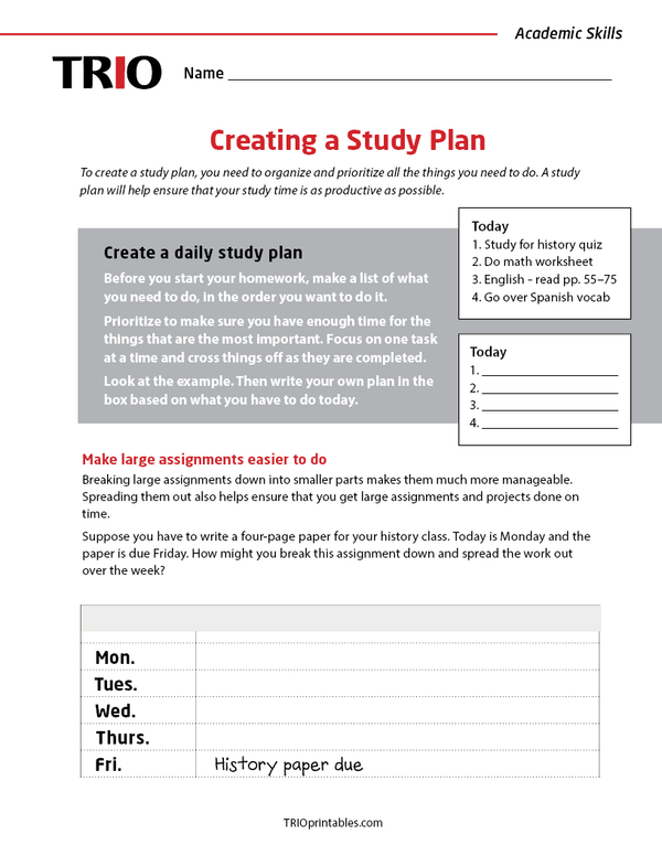 Create a Study Plan Activity Sheet – TRIO Printables