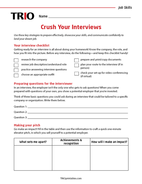 Crush Your Interviews Activity Sheet – TRIO Printables