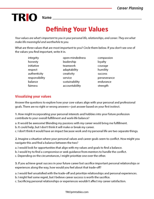 Defining Your Values Activity Sheet – TRIO Printables