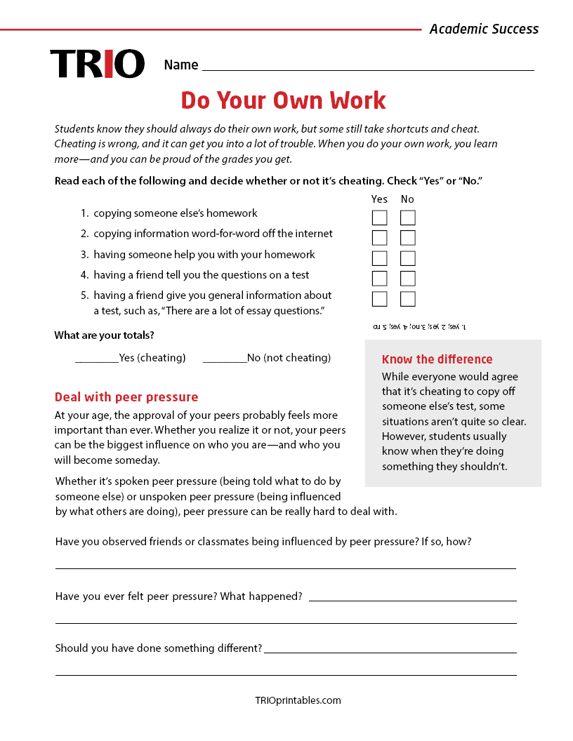 Do Your Own Work Activity Sheet – TRIO Printables