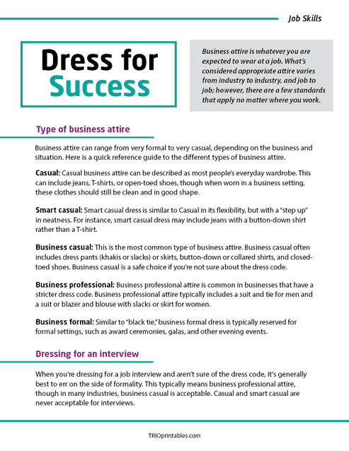 Dress for Success Informational Sheet – TRIO Printables