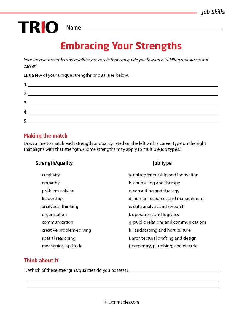 Embracing Your Strengths Activity Sheet – TRIO Printables