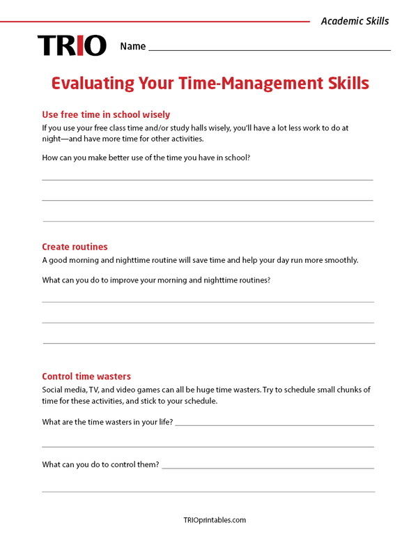 Evaluating Your Time-Management Skills Activity Sheet – TRIO Printables