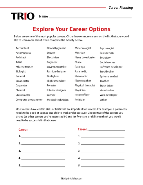 Explore Your Career Options Activity Sheet – TRIO Printables