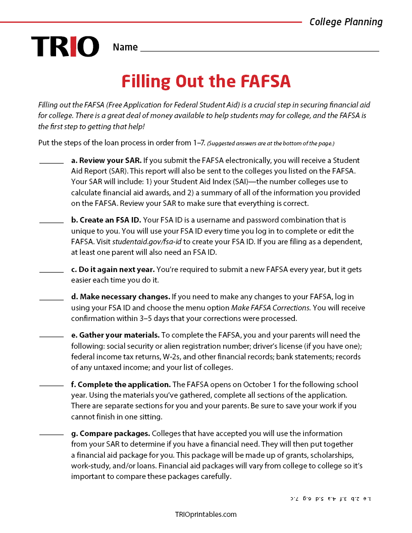 Filling Out the FAFSA Activity Sheet – TRIO Printables