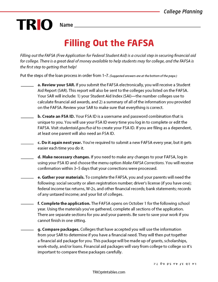 Filling Out the FAFSA Activity Sheet – TRIO Printables