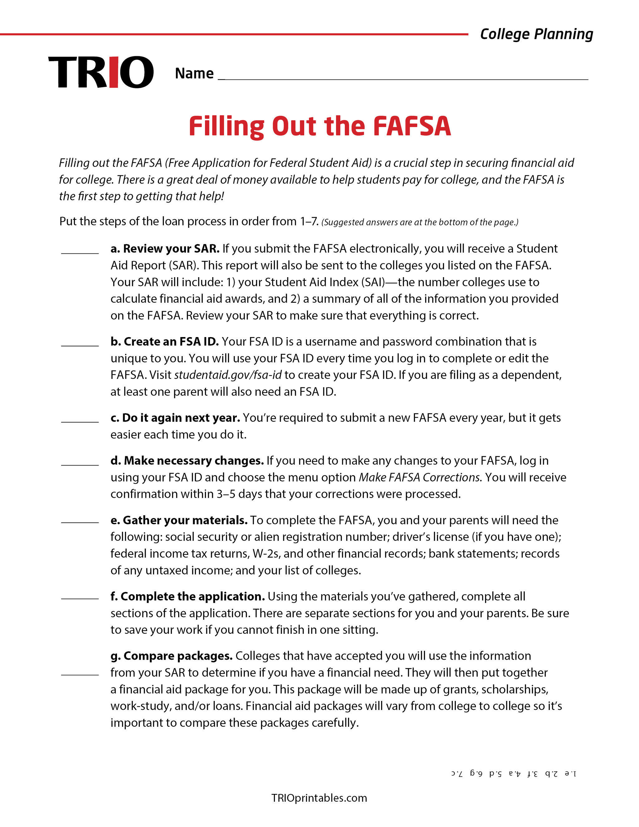 Filling Out the FAFSA Activity Sheet – TRIO Printables