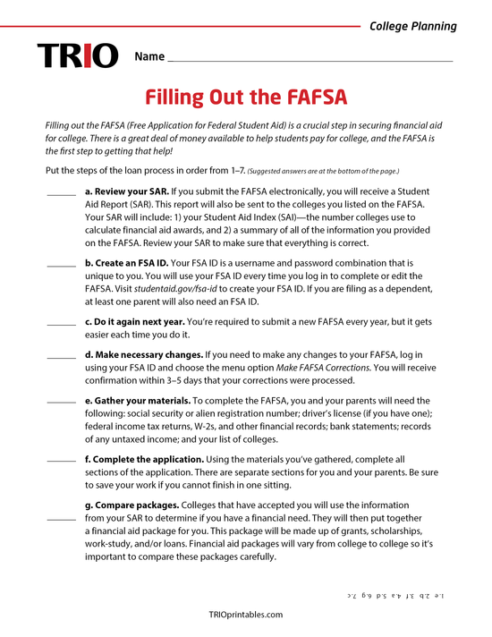 Filling Out the FAFSA Activity Sheet – TRIO Printables