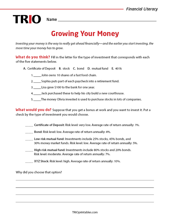 Growing Your Money Activity Sheet – TRIO Printables