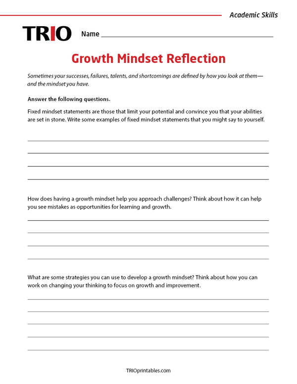 Growth Mindset Reflection Activity Sheet – TRIO Printables