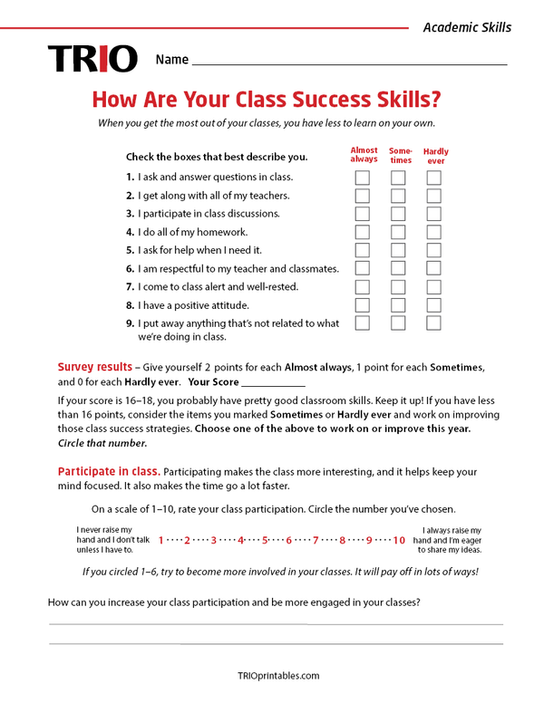 How Are Your Class Success Skills? Activity Sheet – TRIO Printables