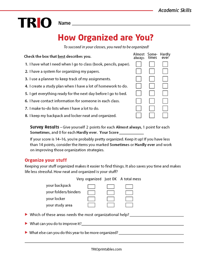 How Organized are You? Activity Sheet – TRIO Printables