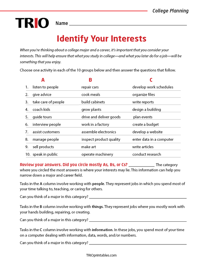 Identify Your Interests Activity Sheet – TRIO Printables