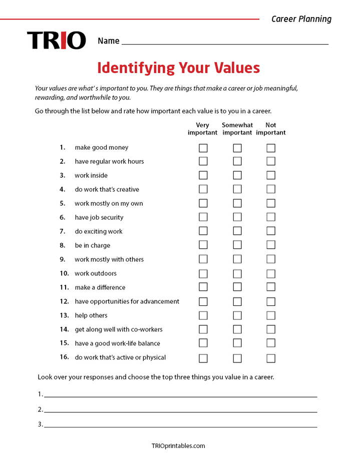 Identifying Your Values Activity Sheet – TRIO Printables