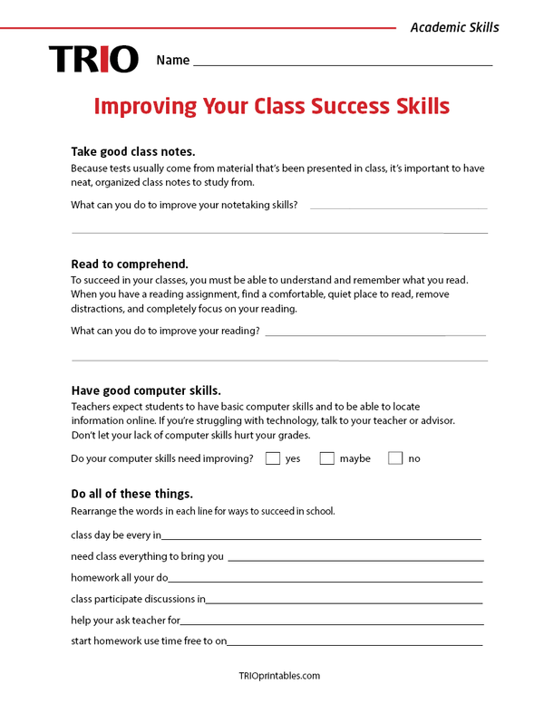 Improving Your Class Success Skills Activity Sheet – TRIO Printables