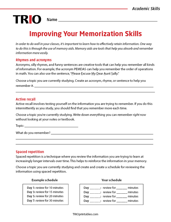 Improving Your Memorization Skills Activity Sheet – TRIO Printables