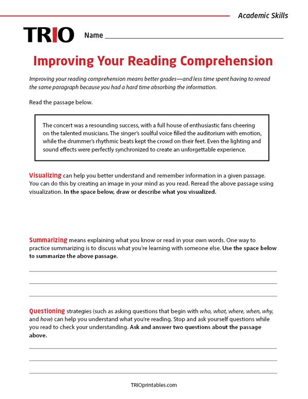 Improving Your Reading Comprehension Activity Sheet – TRIO Printables