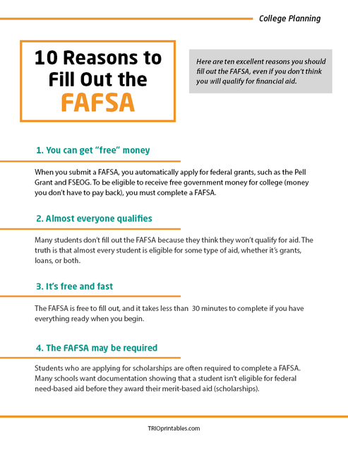 10 Reasons to Fill Out the FAFSA Informational Sheet – TRIO Printables