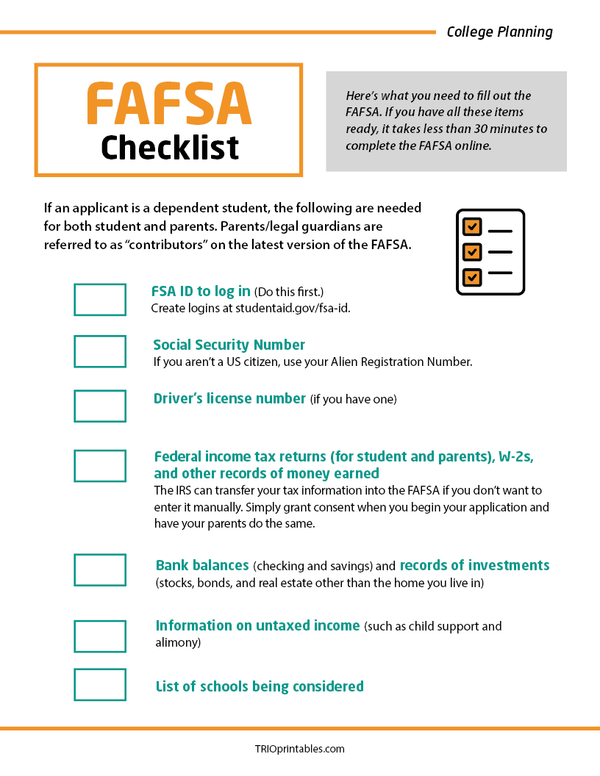 FAFSA Checklist Informational Sheet – TRIO Printables