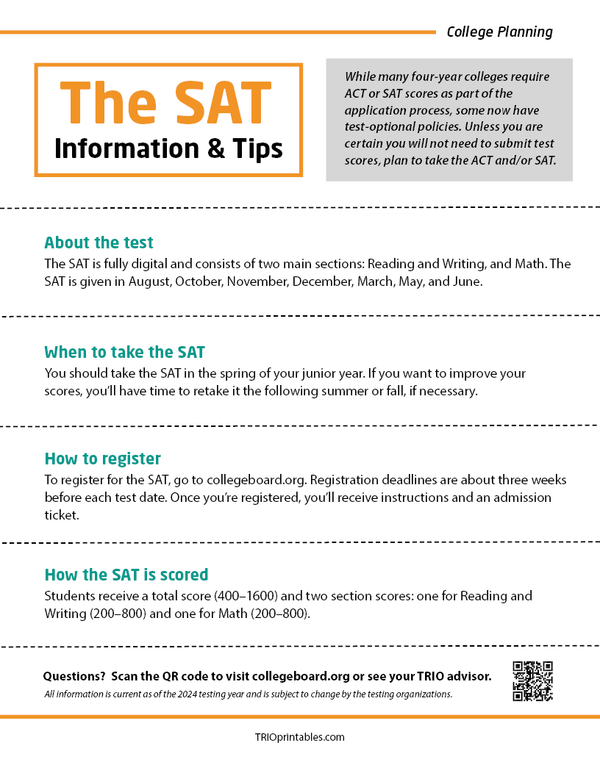 The SAT - Information and Tips Informational Sheet – TRIO Printables