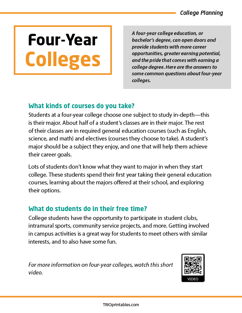 Four-Year Colleges Informational Sheet – TRIO Printables
