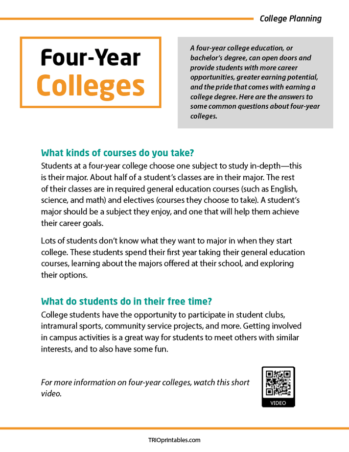 Four-Year Colleges Informational Sheet – TRIO Printables