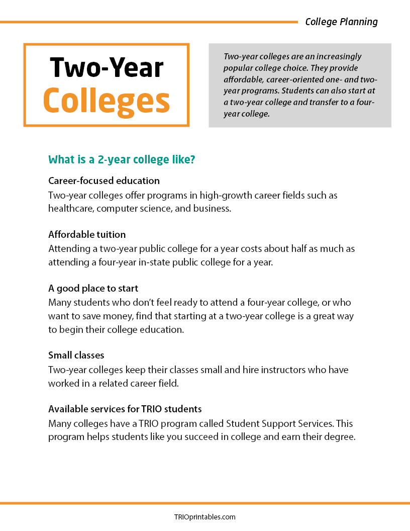 Two-Year Colleges Informational Sheet – TRIO Printables