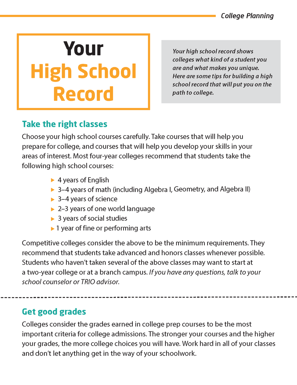 Your High School Record Informational Sheet – TRIO Printables