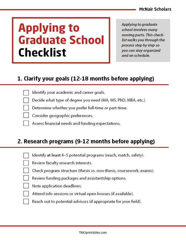 McNair Scholars - Applying to Graduate School Checklist Informational ...